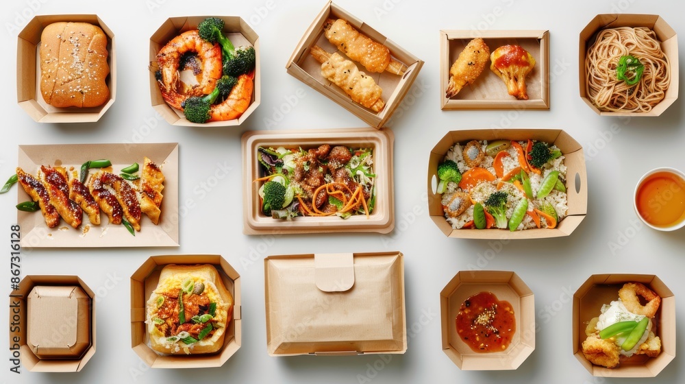 Collection delicious food menus boxes ready to eat on a white ...