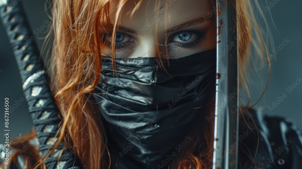 Woman ninja assassin warrior veil covering face traditional sword ...