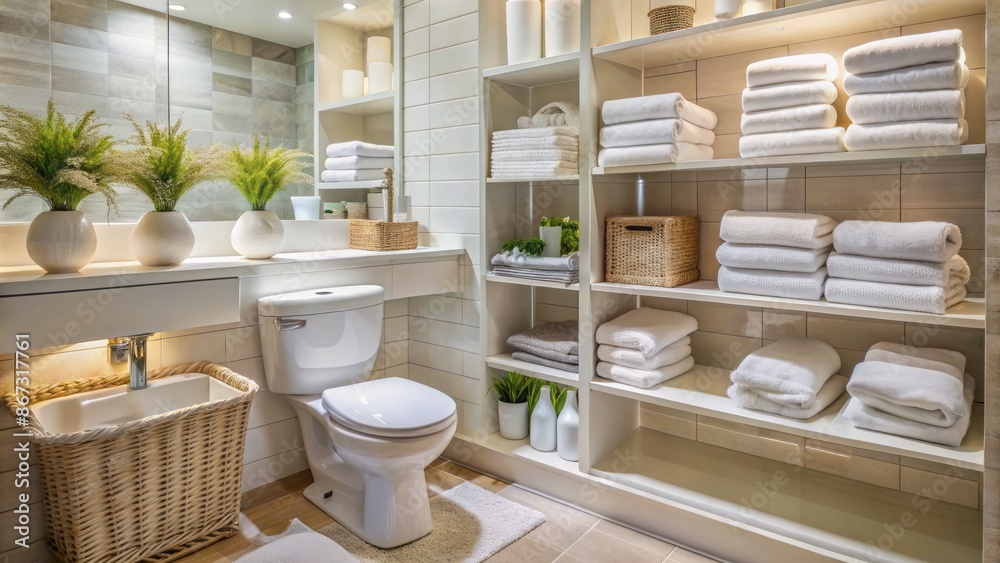 Pristine bathroom essentials neatly organized, white towels and toilet ...