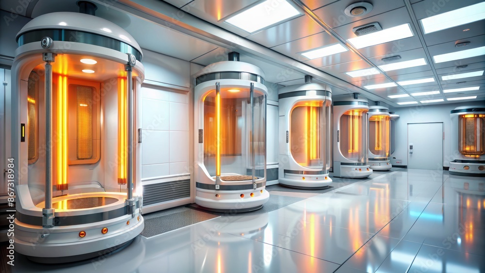 Futuristic cryogenic pods with orange-lit interiors, slightly ajar ...