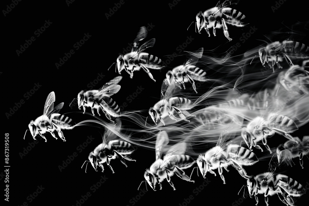 Creative black and white background of flying beeson black background ...