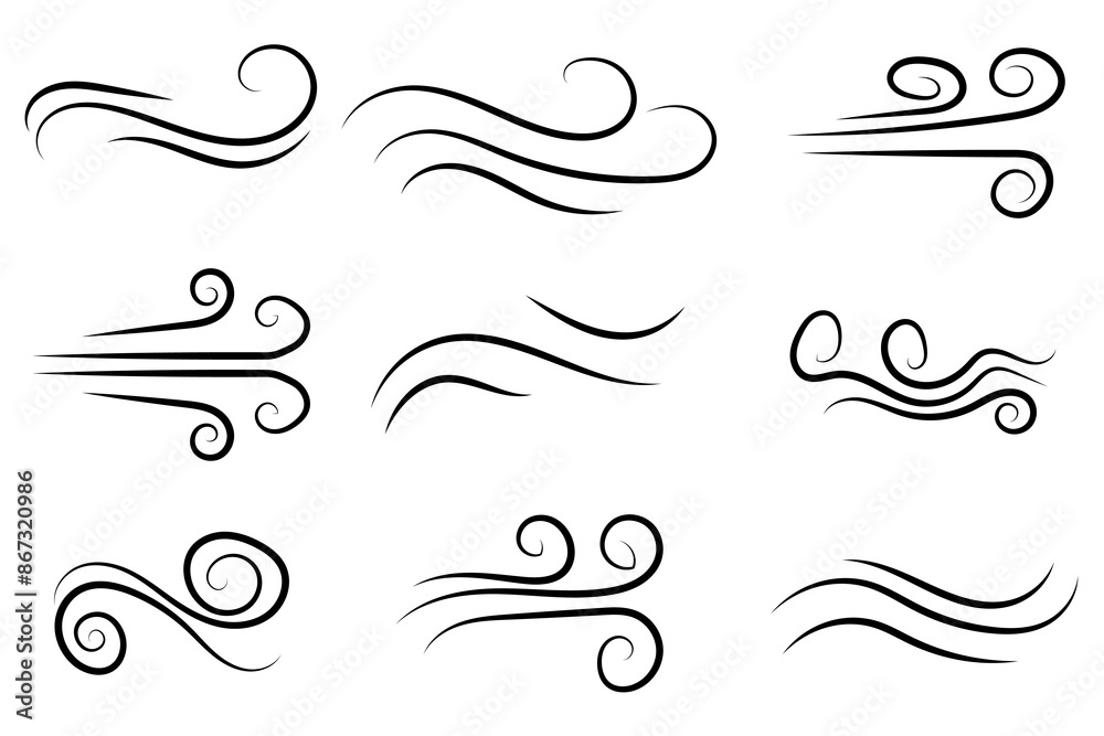 Doodle air wind motions, windy storm blows and hurricane flow waves and ...