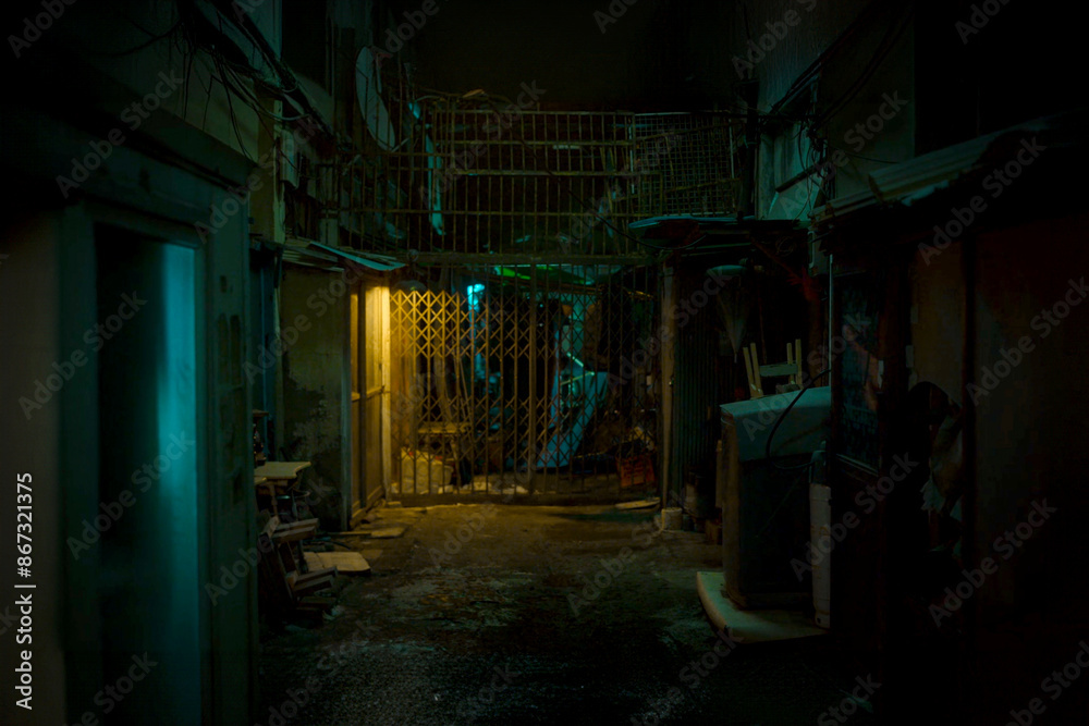 Dark alley at night in Bangkok Thailand cityscape of dirty and poor ...