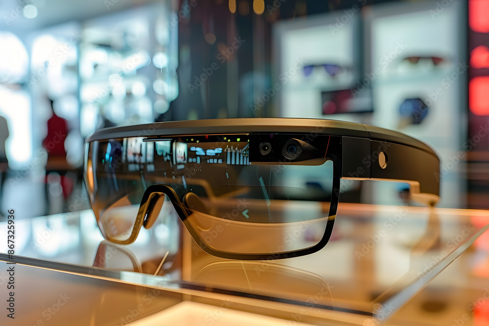 A pair of sleek glasses resting on top of a modern display case with ...