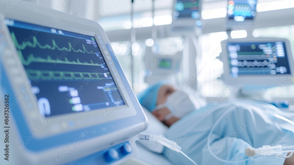 Hospital room with a patient lying in bed, IV drip attached, monitors ...