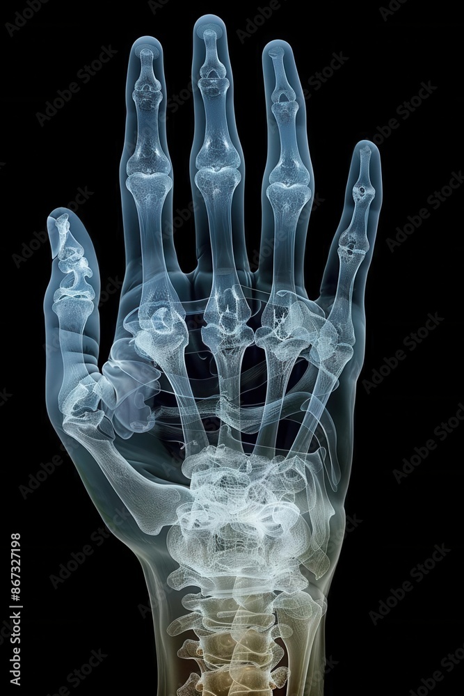 Highresolution Xray image of a human hand, highlighting the intricate ...