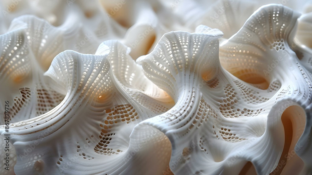 Smooth, white seashells nestled together in interlocking clusters ...
