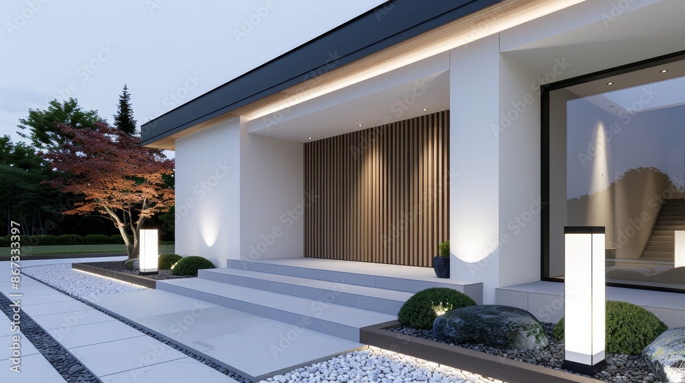Japandi-inspired house with an exterior lighting design that enhances ...