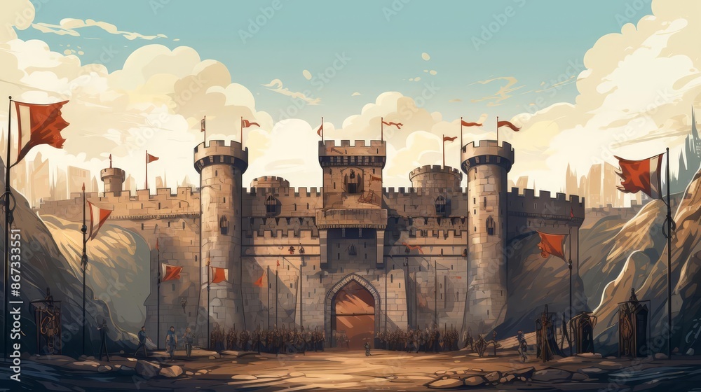 battlements with medieval flags castle background flat design side view ...