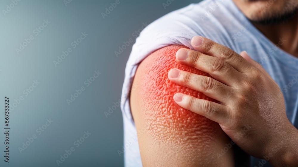 Man itching his arm with visible signs of irritation and redness ...