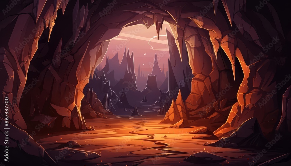 Cavern background with explorer, flat design, top view, adventure theme ...