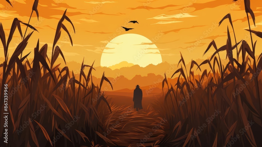 Cornfield background with scarecrow, flat design, top view, harvest ...