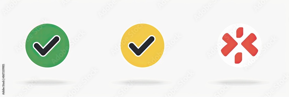 Green check mark, yellow check mark, and red cross in circle Stock ...