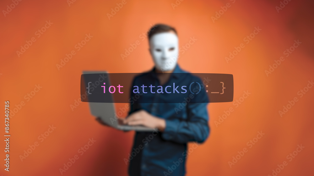 Cybersecurity concept iot attacks on foreground screen, hacker silhouette hidden with low poly ...