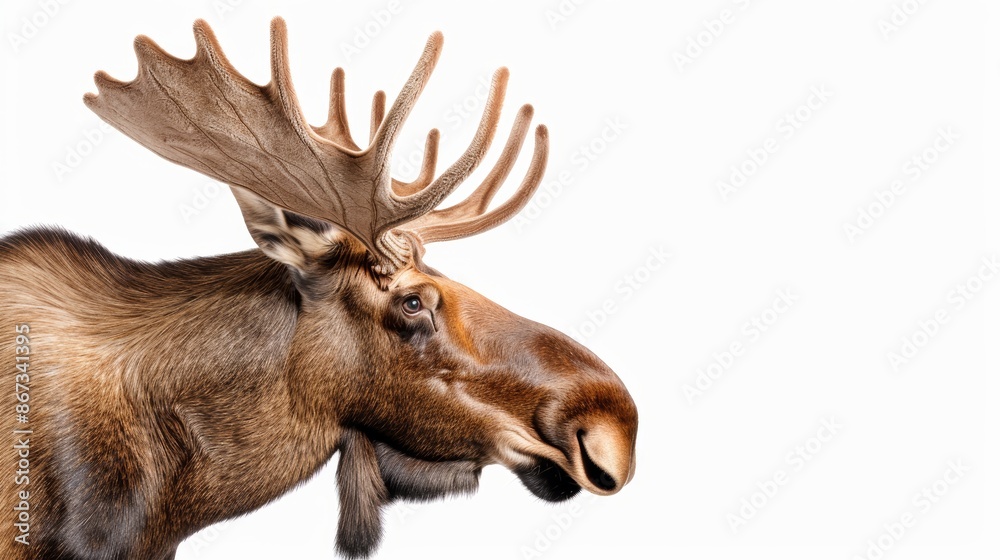 Side profile of a moose in high definition, isolated on a white ...