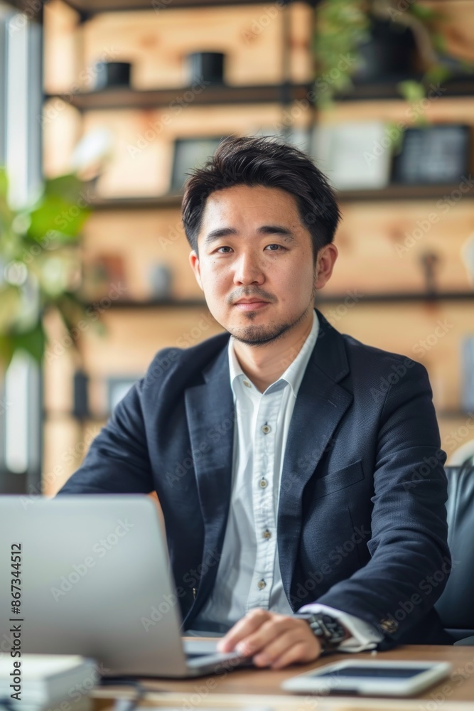 Portrait of a Japanese entrepreneur setting up a live stream for online ...