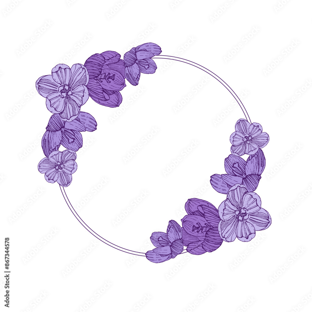 Flower circle frame. Hand drawn round line border, leaves and flowers ...