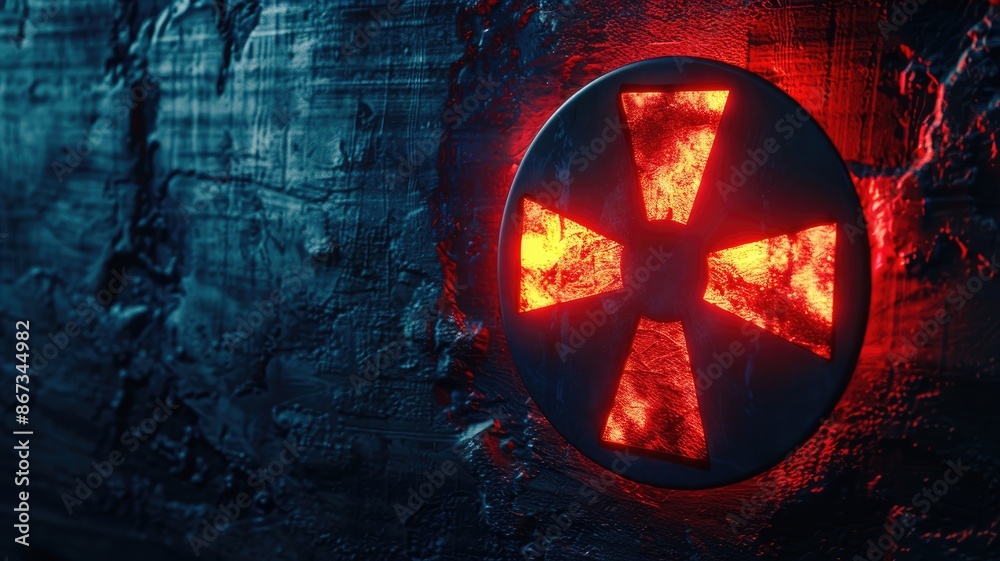 Glowing radioactive sign on textured wall with eerie red light Stock ...
