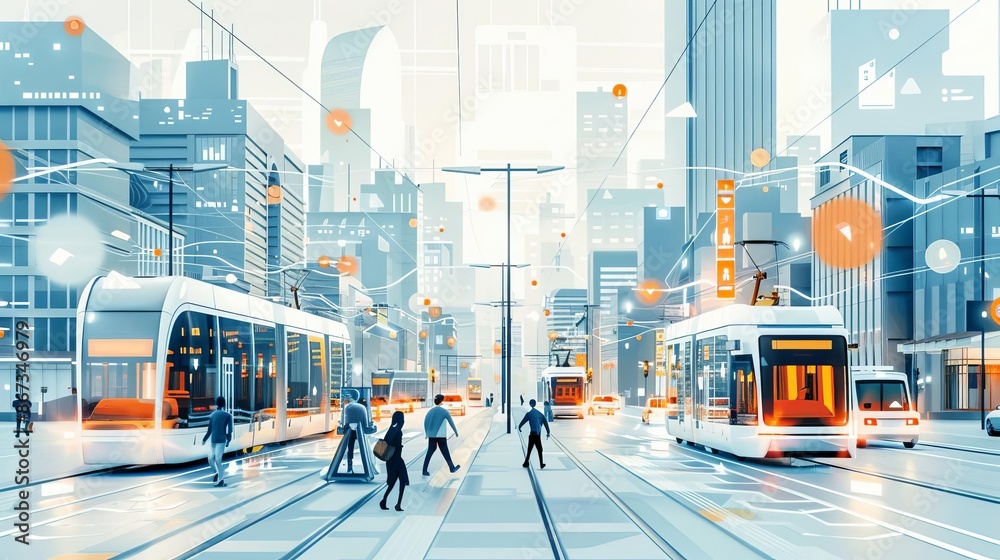 A modern street scene with smart traffic management systems ...