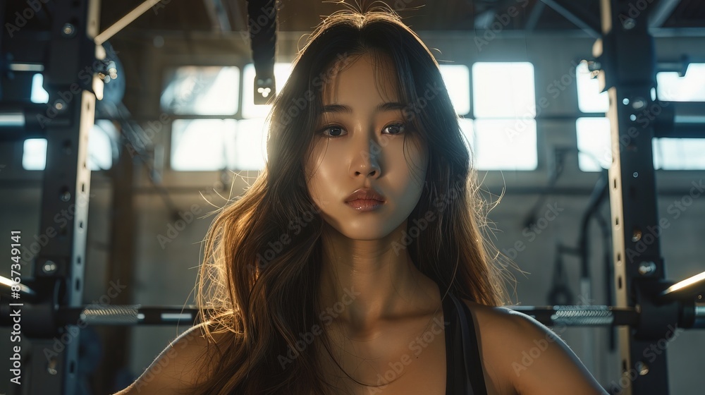 Beautiful korean woman with long straight hair doing bench press at the ...