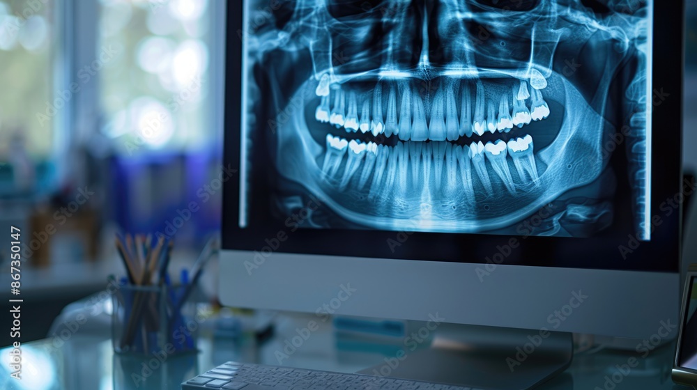 Orthopantomography, OPG X-ray DR digital wisdom teeth. Image on screen ...