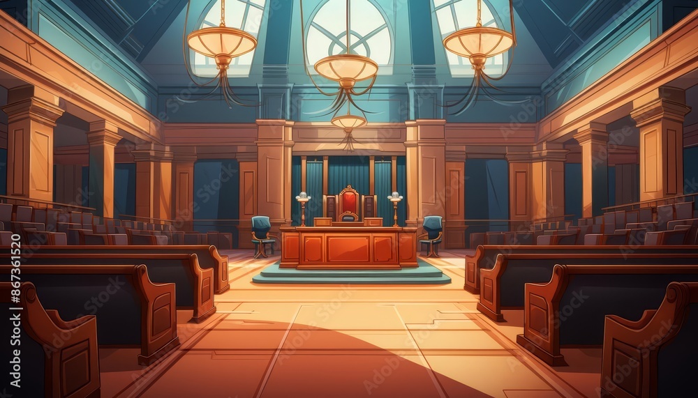 judge and jury trial in session courtroom background flat design front ...