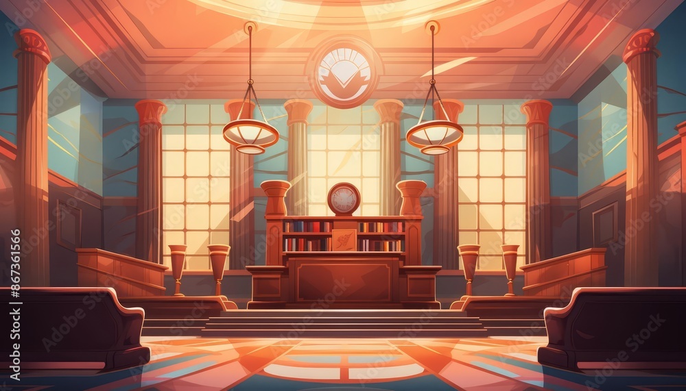 judge and jury trial in session courtroom background flat design front ...