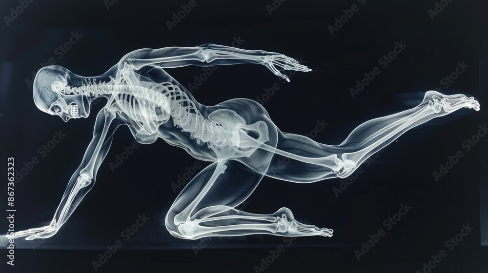 An x-ray of a human skeleton demonstrates a sports exercise. Anatomy of ...