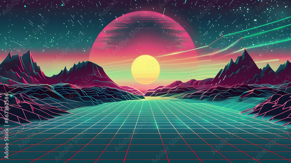 Retro background futuristic landscape 1980s style. Digital retro ...
