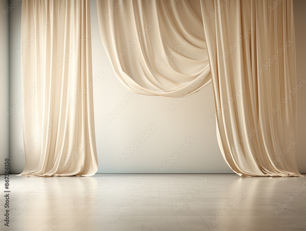 Beige curtain in empty room. Minimalistic interior for showing product ...