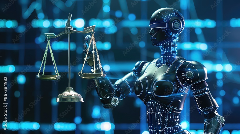 Robot holding scales of justice, representing AI and law. Stock ...