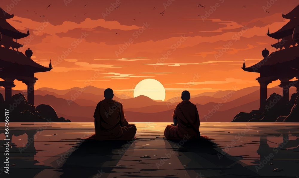 Monastery background with monks praying, flat design, top view ...