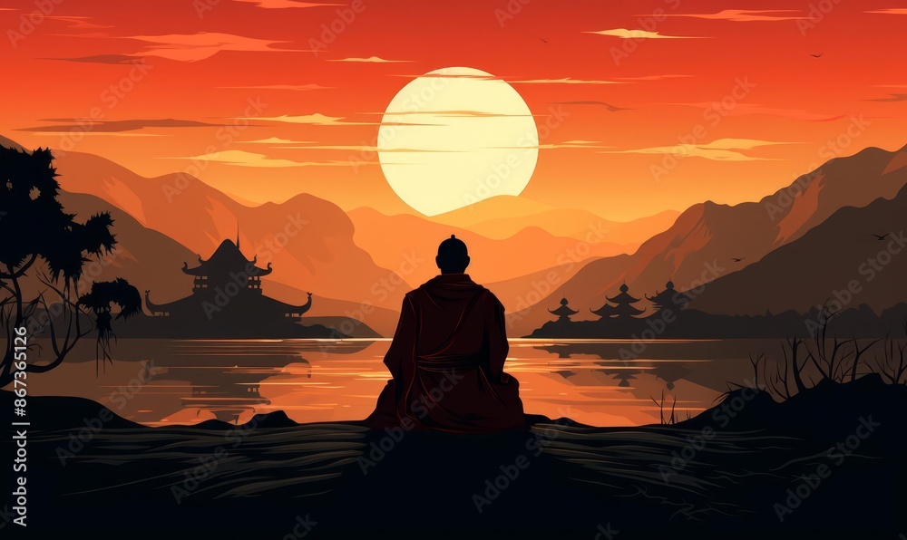 Monastery background with monks praying, flat design, top view ...