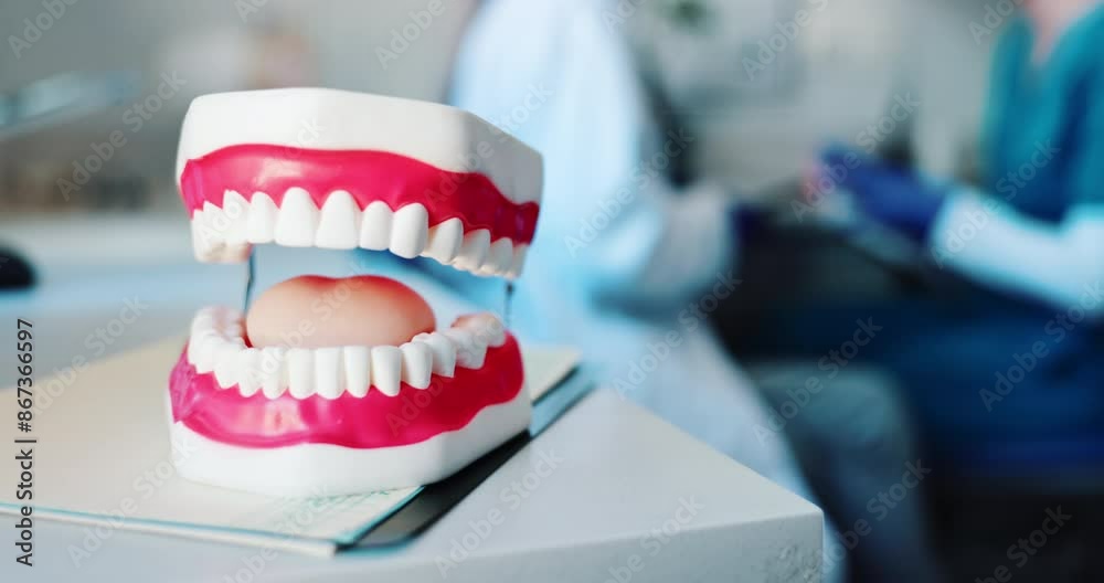 Dentist office, mouth model and tools with talk, health and ...