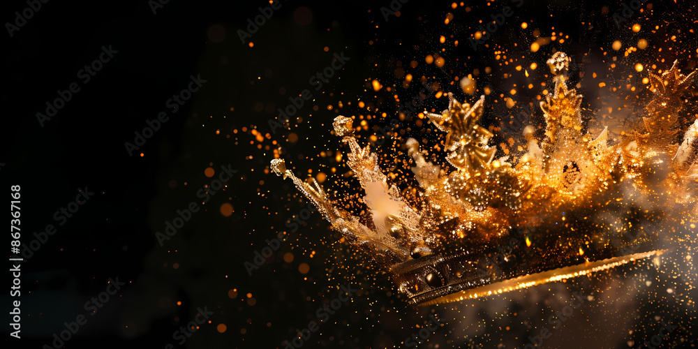 Shattering golden royalty queen crown. Blasting fiery background ...