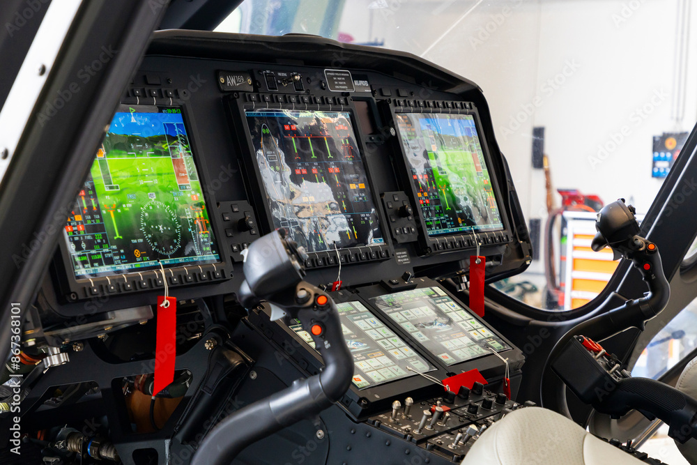 Flight deck with modern flight control elements in a Leonardo AW169 ...