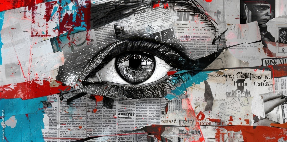 Abstract collage of newspaper clippings, photographs and digital ...