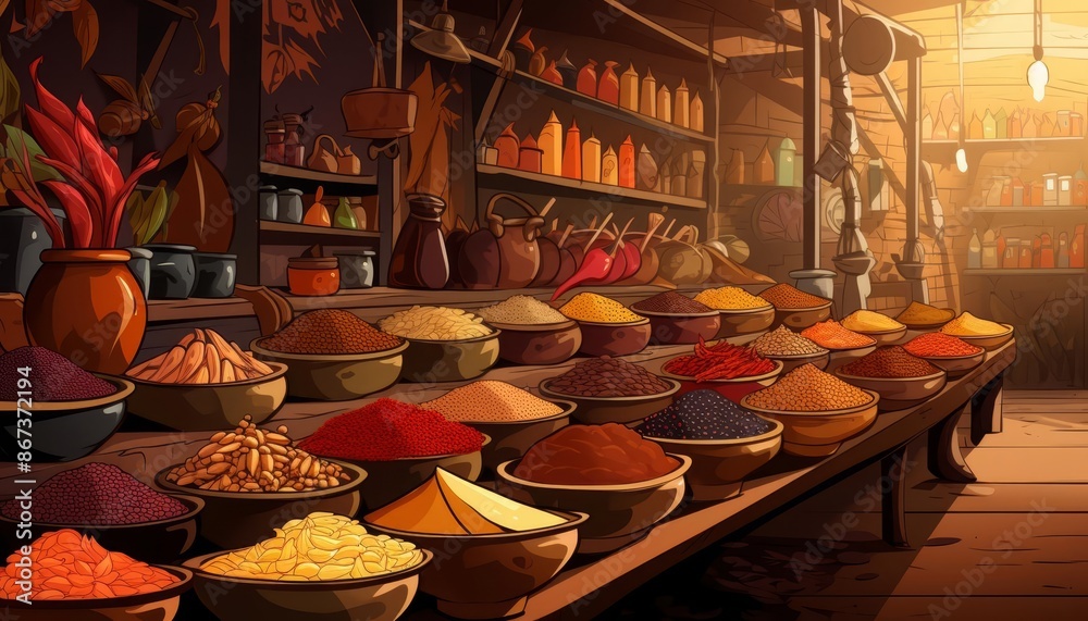 Spice market background with aromatic spices, flat design, top view ...