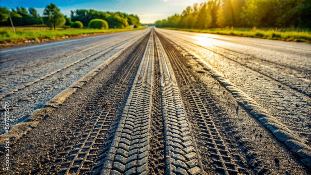 Rugged tire tracks on asphalt road, rough textured marks from truck and ...
