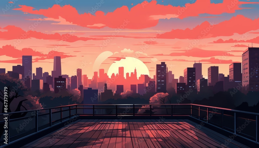 sunset over city view balcony background flat design front view ...