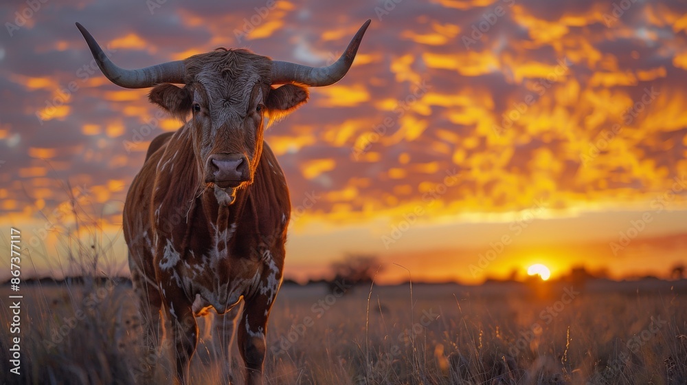 Majestic texas longhorn stands gracefully in a vast field at sunset ...