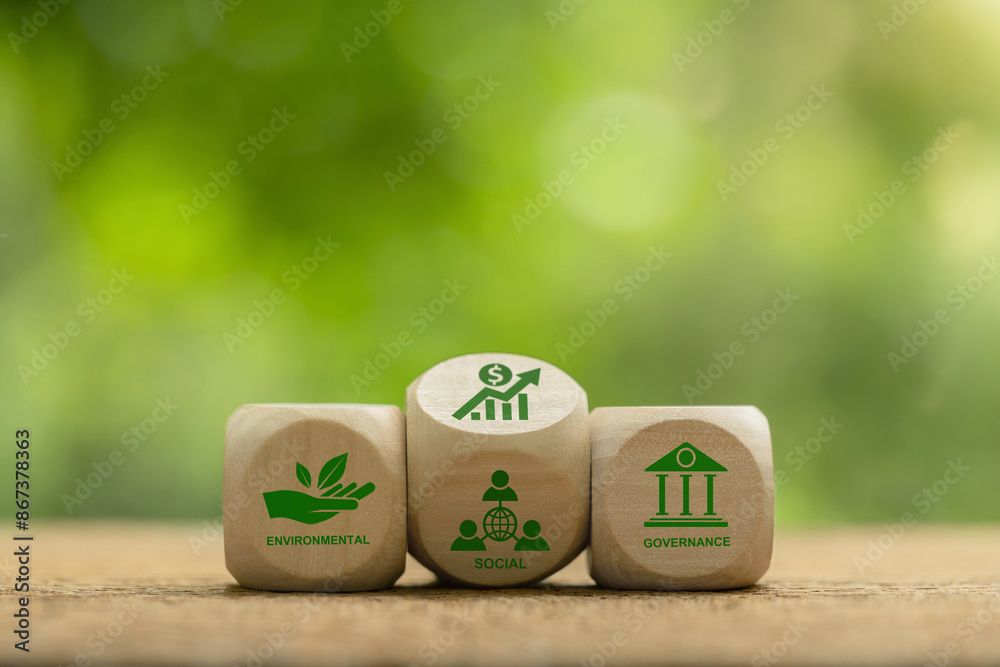 ESG Fund Concept. Esg icons on wooden cubes on a green background.ESG ...