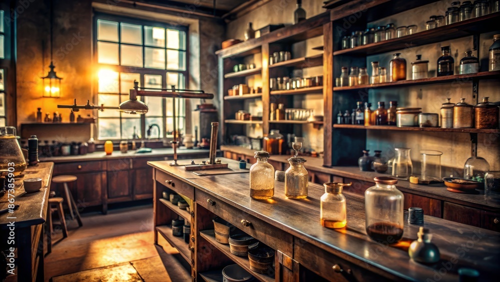 Faded, out-of-focus image of a dimly lit, outdated laboratory with worn ...