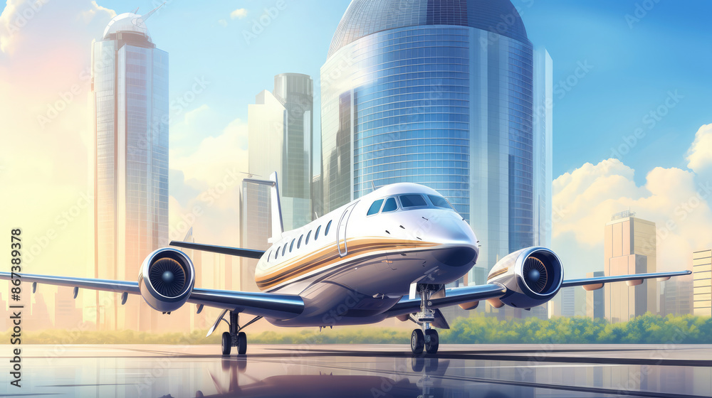 Small business commercial aircraft in front of skyscraper. A private ...