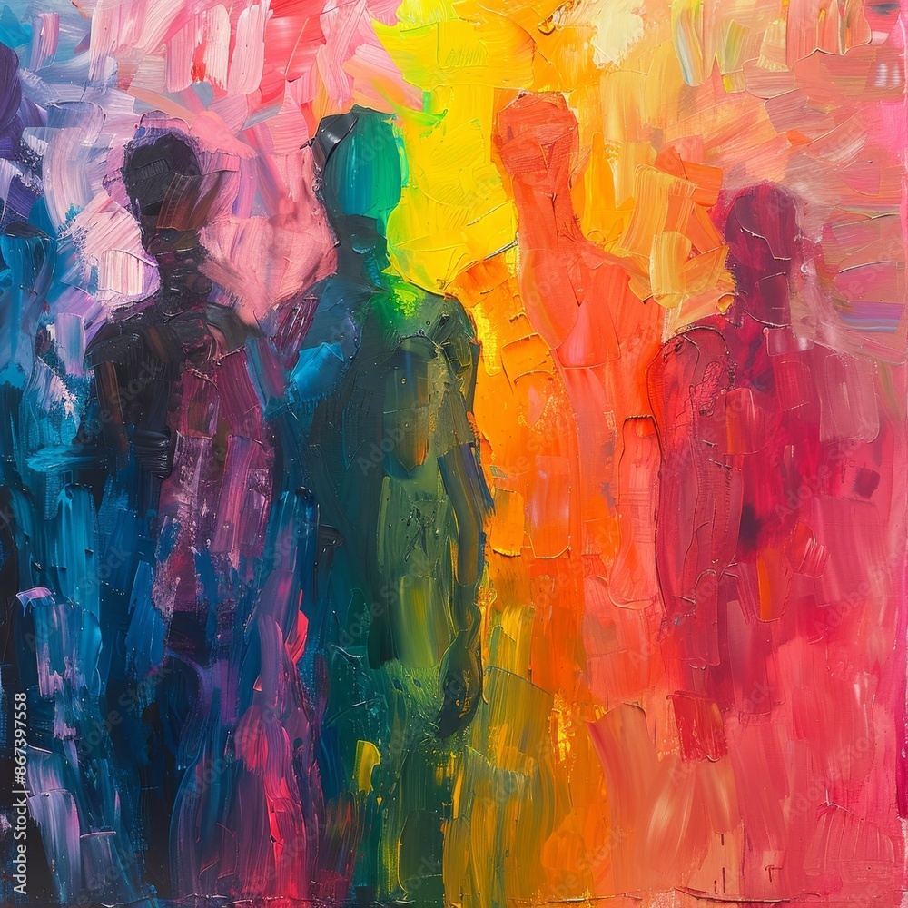 Colorful abstract oil painting representing four people standing ...
