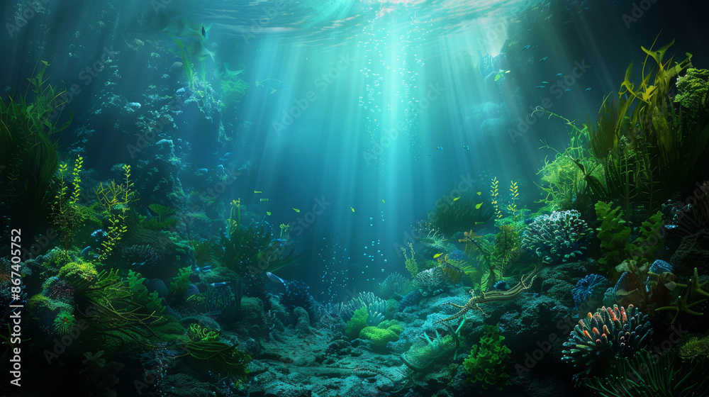 An enchanting underwater scene with vibrant gradients, deep blues, and ...