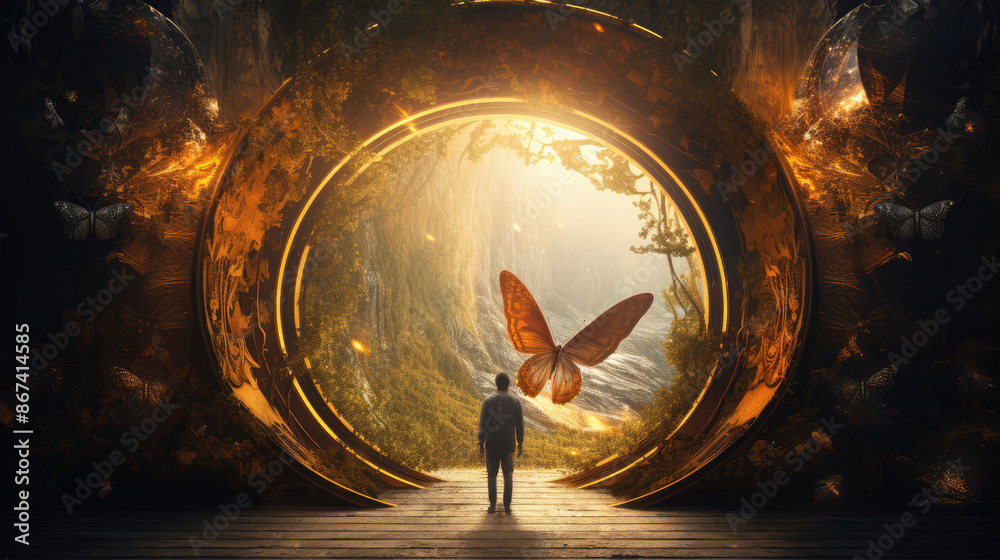 Man standing in front of a giant portal leading to another reality ...