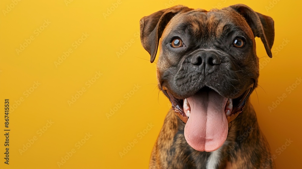 Cheeky dog sticking out its tongue and making a funny face on yellow ...