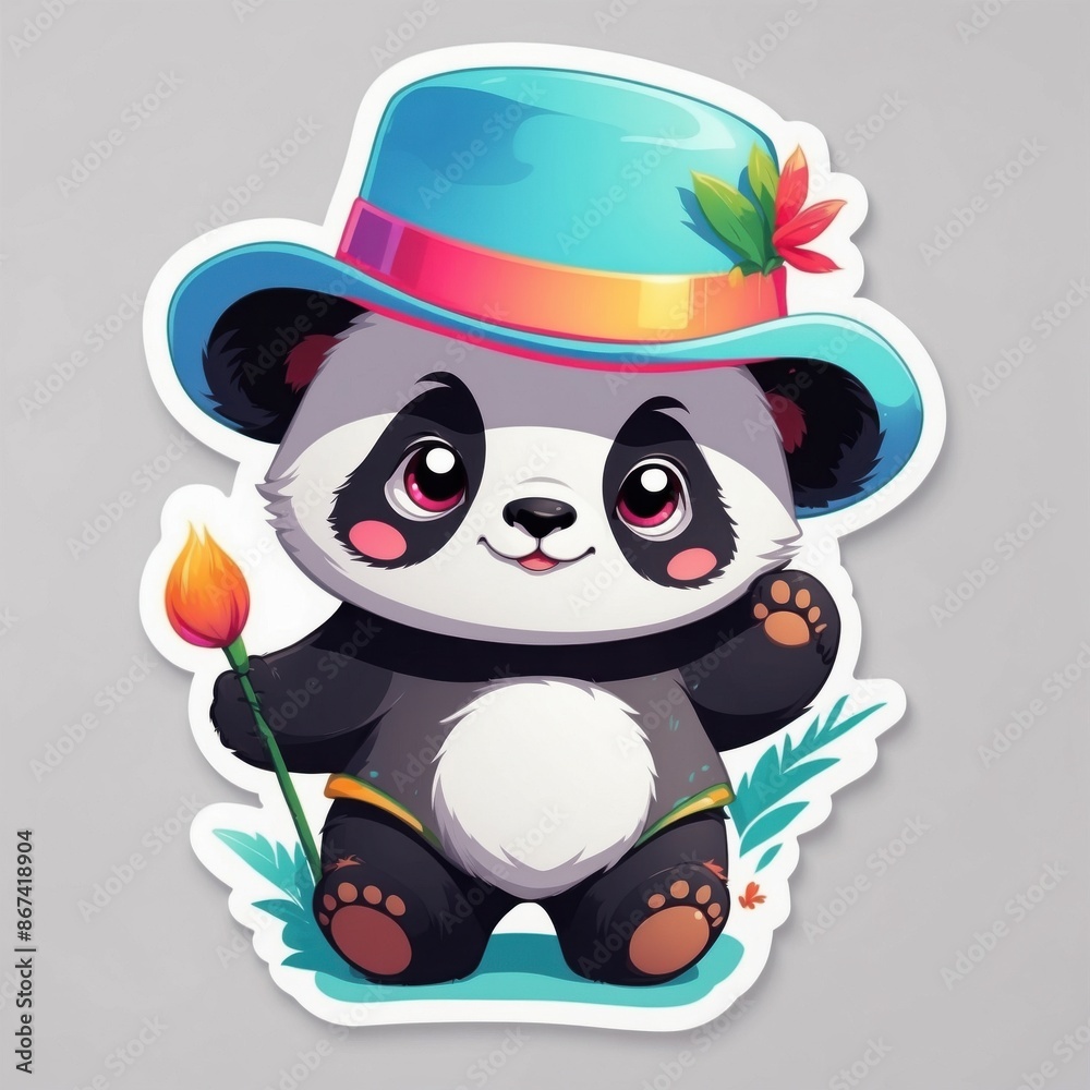 Sticker of a sweet baby panda wearing colorful hat. 3D cartoon style ...