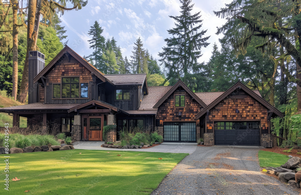 the exterior front view of an luxury modern rustic home in north pier ...